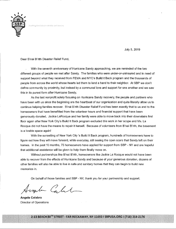 SBP-New York Thanks B'nai B'rith Disaster Relief - B'nai B'rith ...
